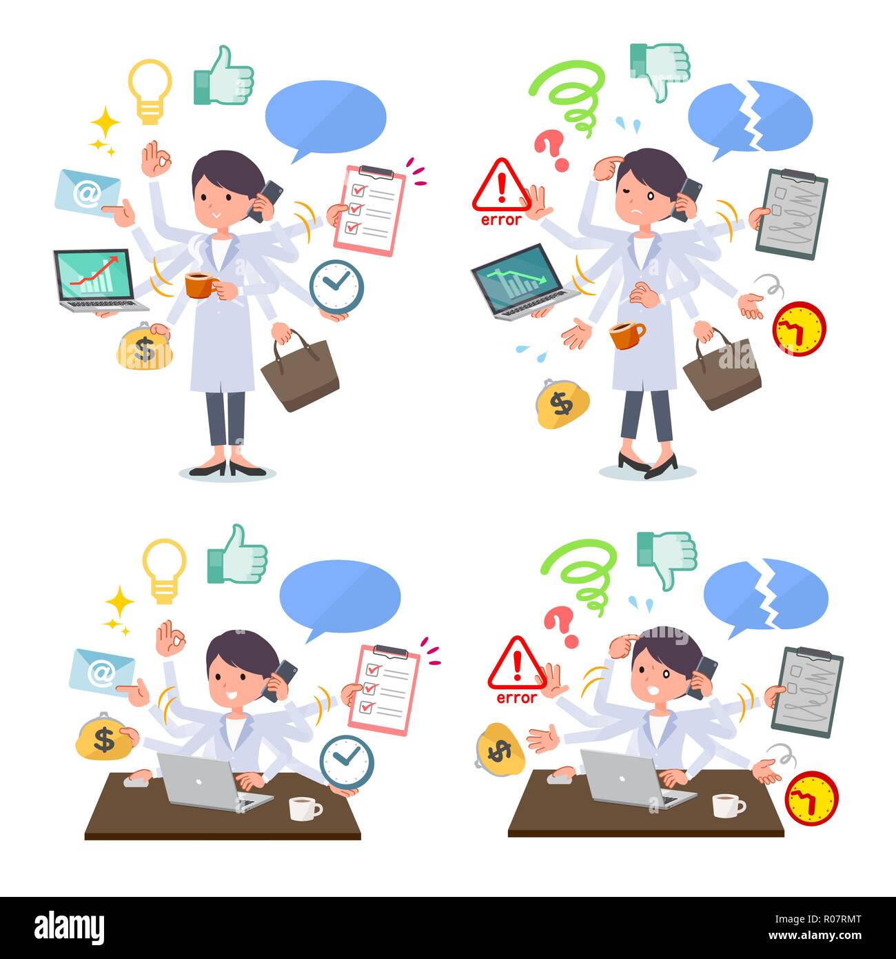 A set of scientist women who perform multitasking in the office.There ...