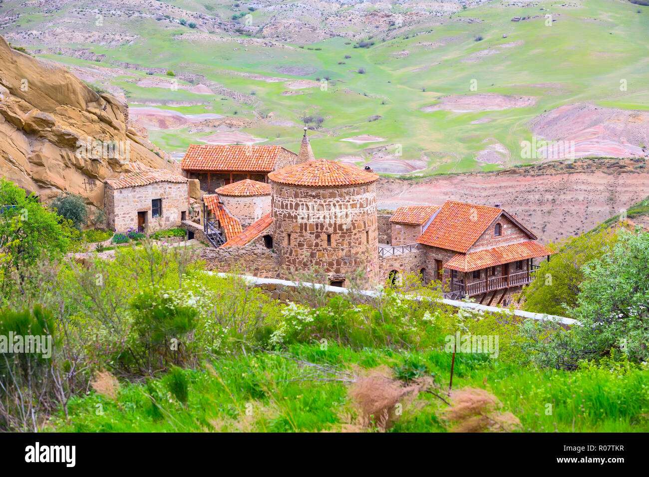 David Gareji or Garedja cave monastery complex aerial view in Georgia ...