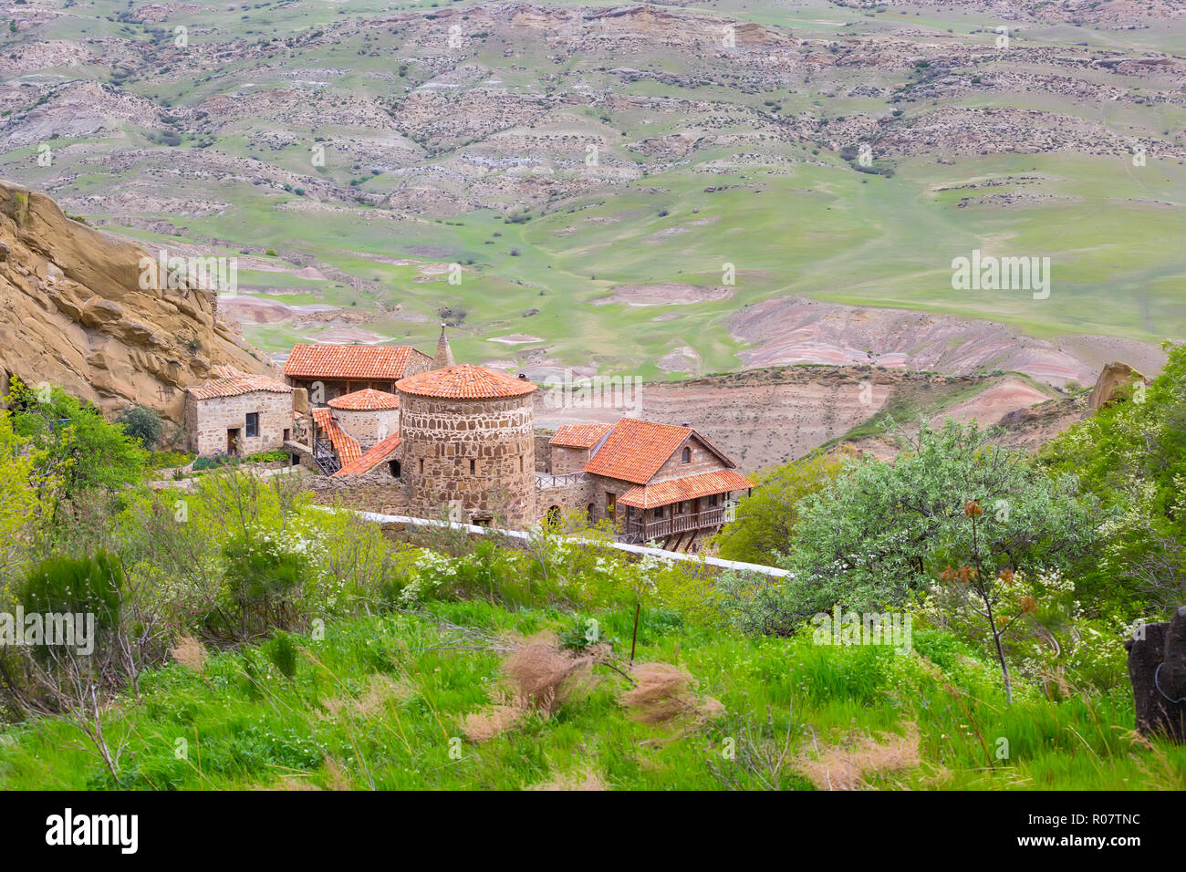 David Gareji or Garedja cave monastery complex aerial view in Georgia ...