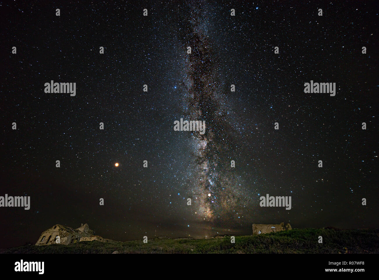 panoramic milky way at the old lighthouse of "capo sperone Stock Photo ...