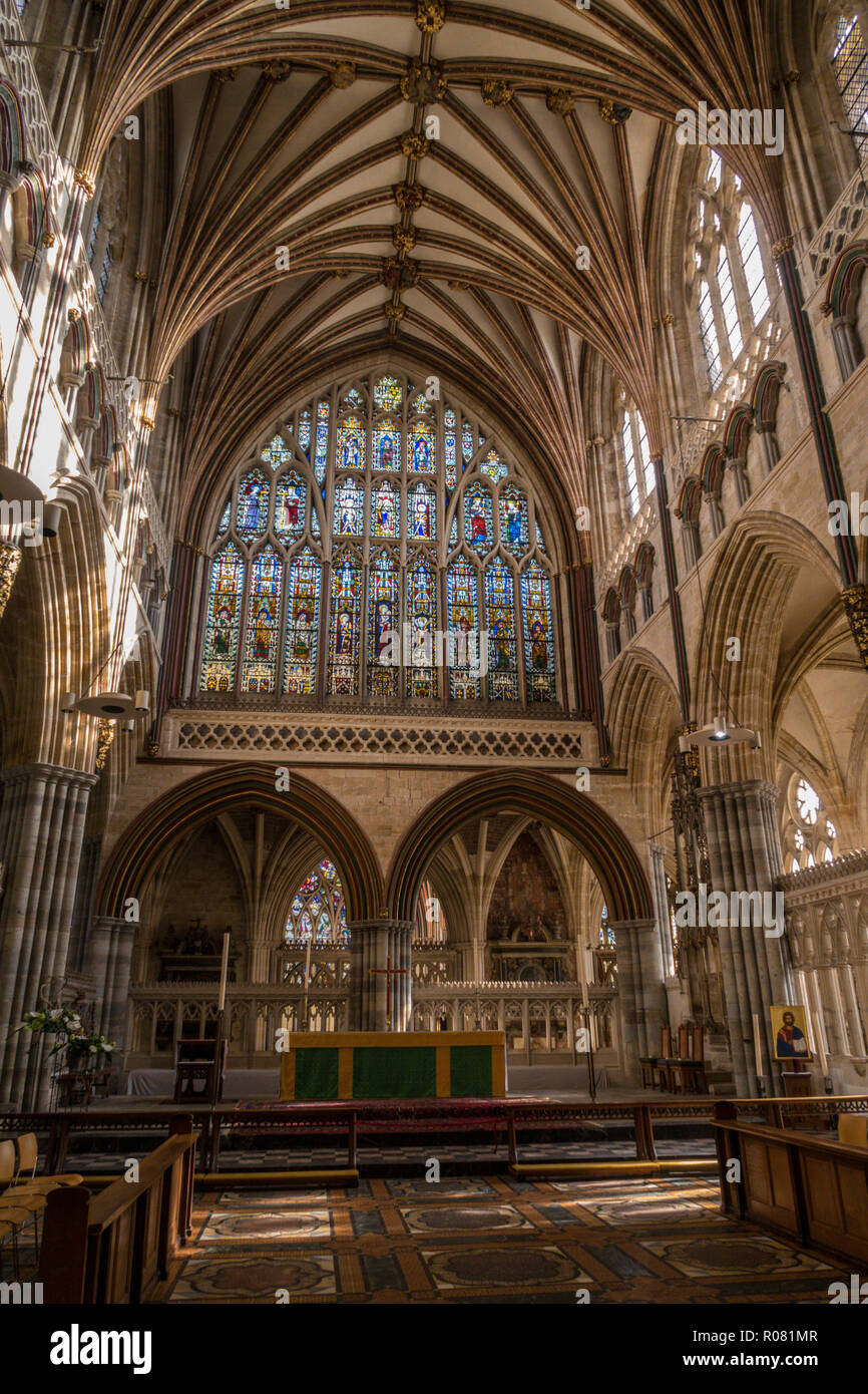 The Great East Window in the Quire at Exeter cathedral, Devon Stock ...
