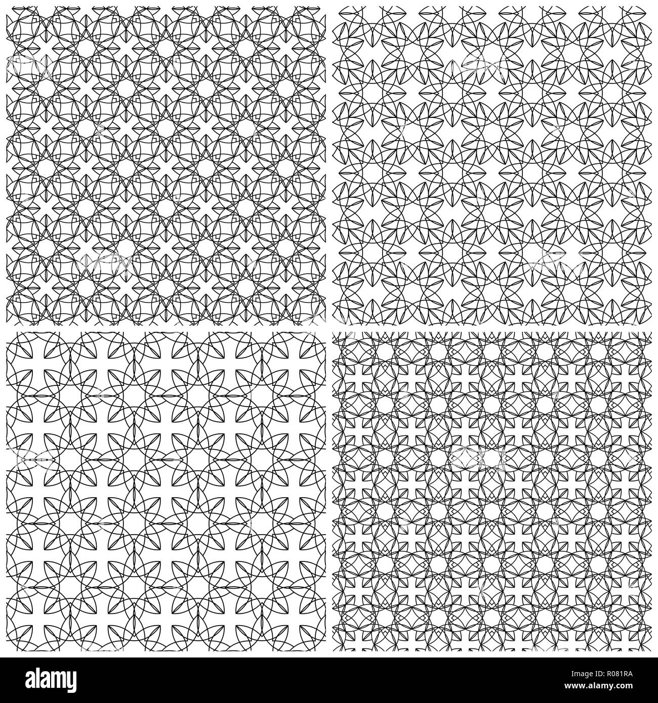 Set of four abstract seamless grids with interlacing black lines on the ...