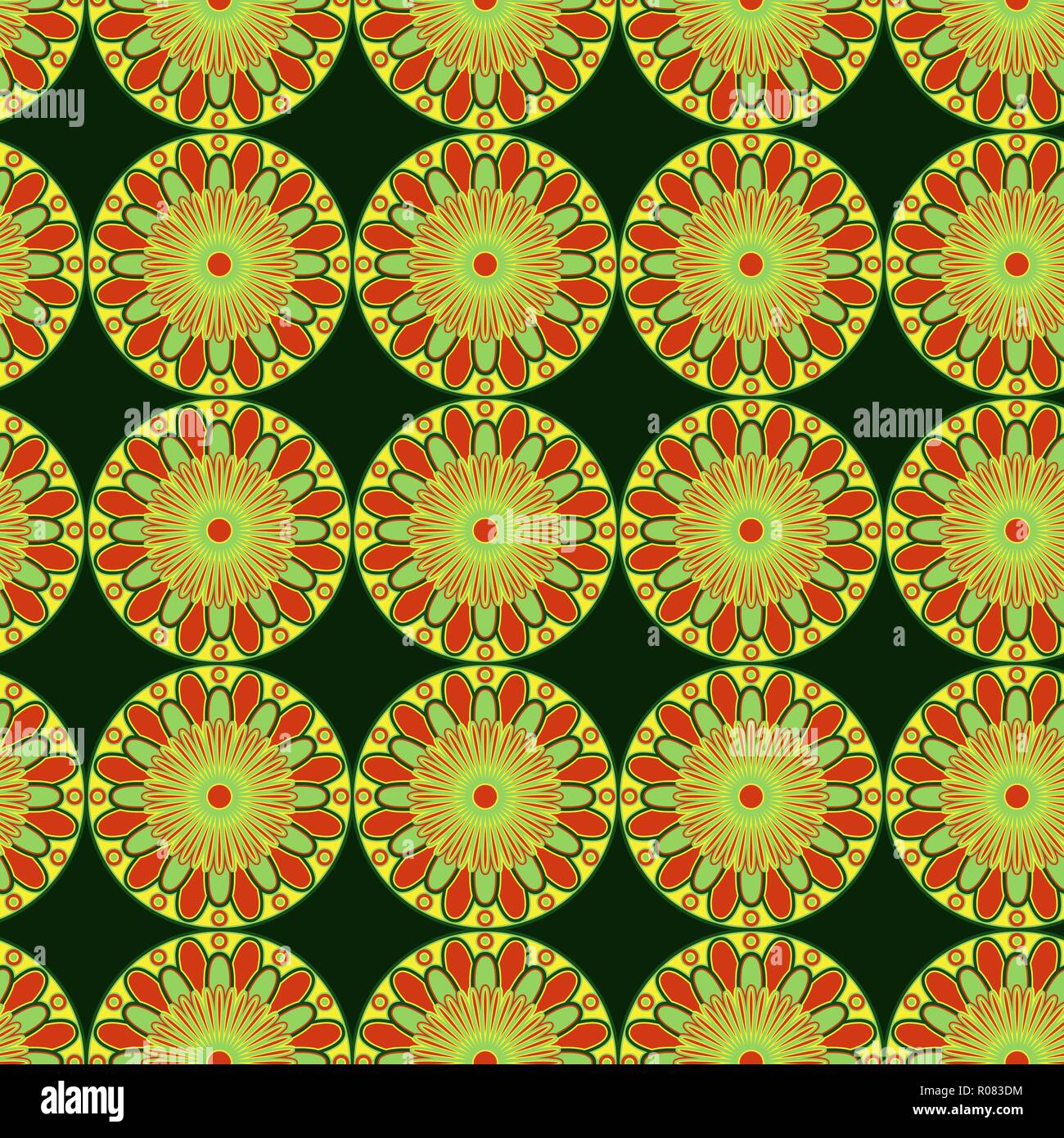 Floral decorative seamless pattern in green, yellow and orange hues on ...