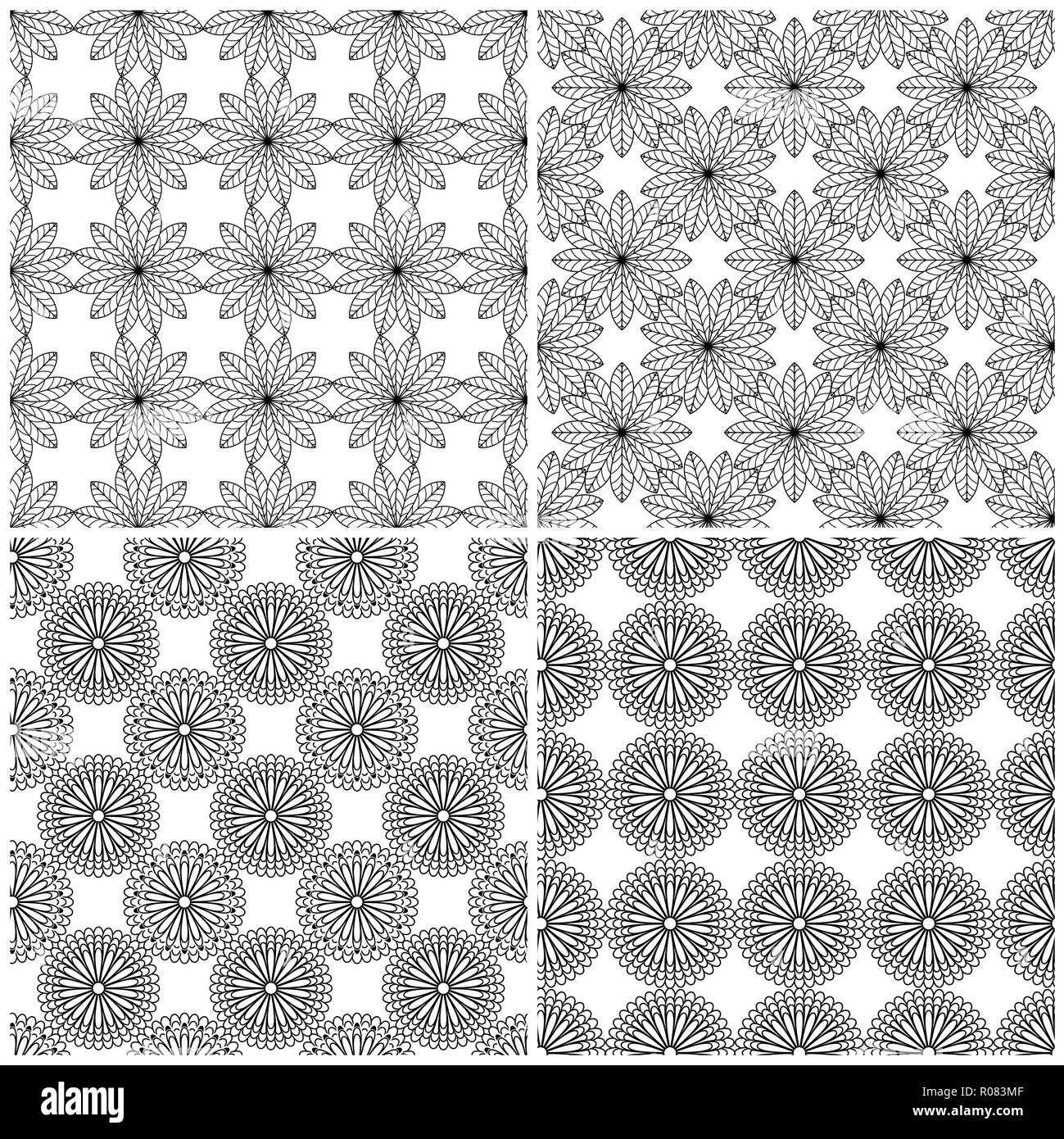 Set of four black abstract seamless floral grids on the white ...