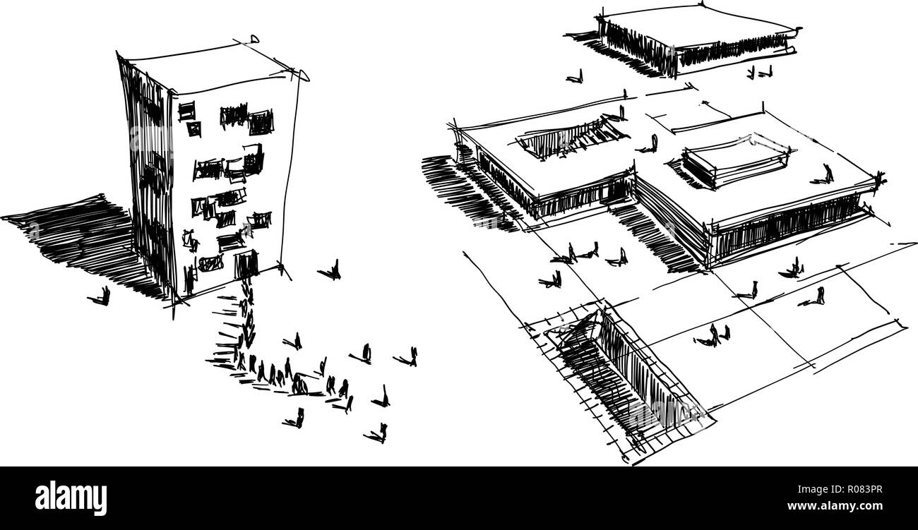 two hand drawn architectectural sketches of a modern abstract ...