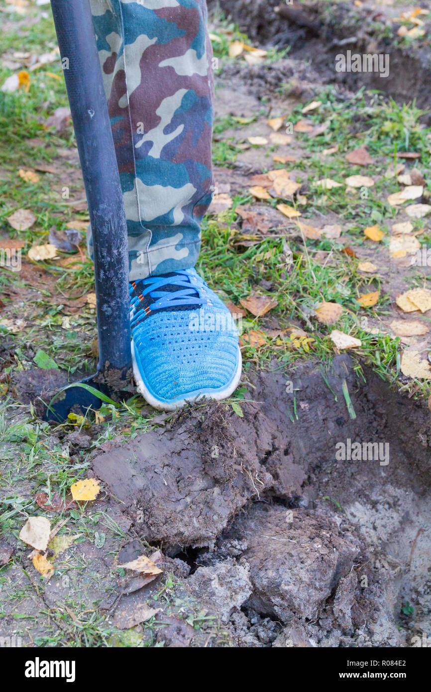 Man digging a ditch with a shovel in autumn Stock Photo - Alamy