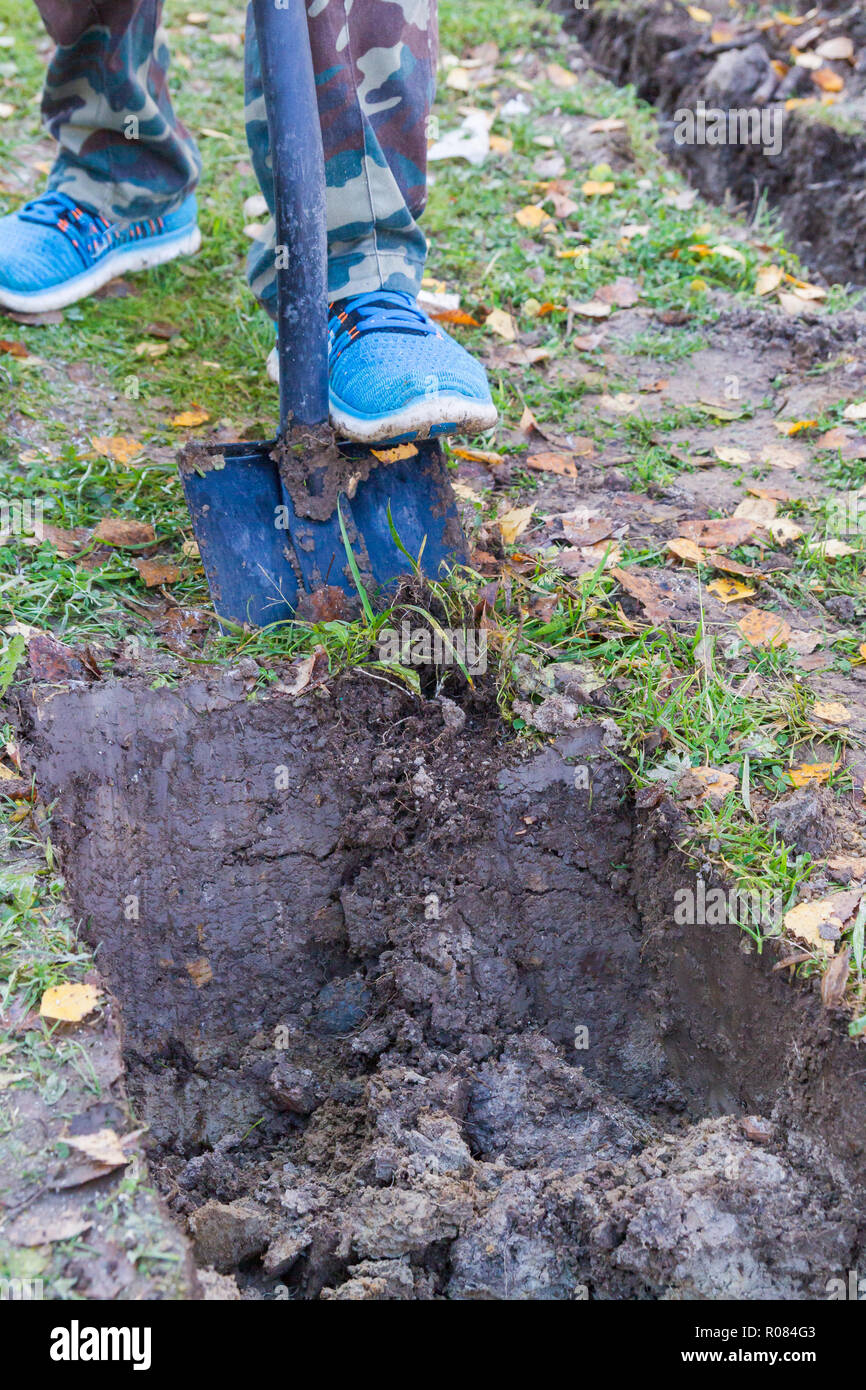 Man digging a ditch with a shovel in autumn Stock Photo - Alamy