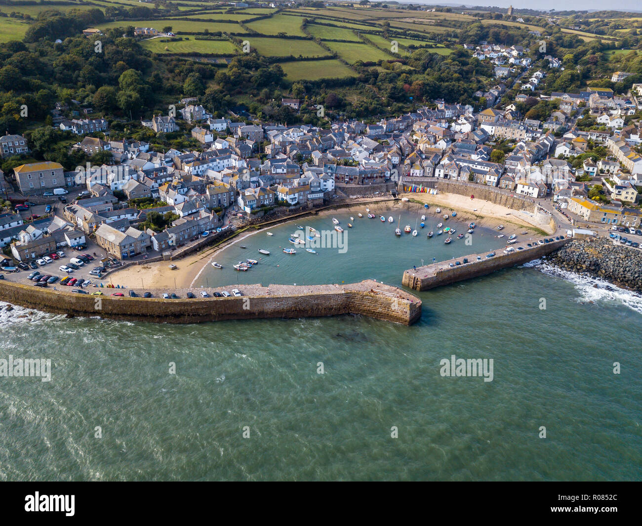 Aerial View of Mousehole overlooking the fishing village and harbour ...