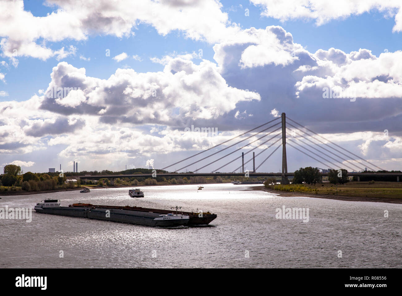 the Niederrhein bridge across the river Rhine, cargo vessel, Wesel ...