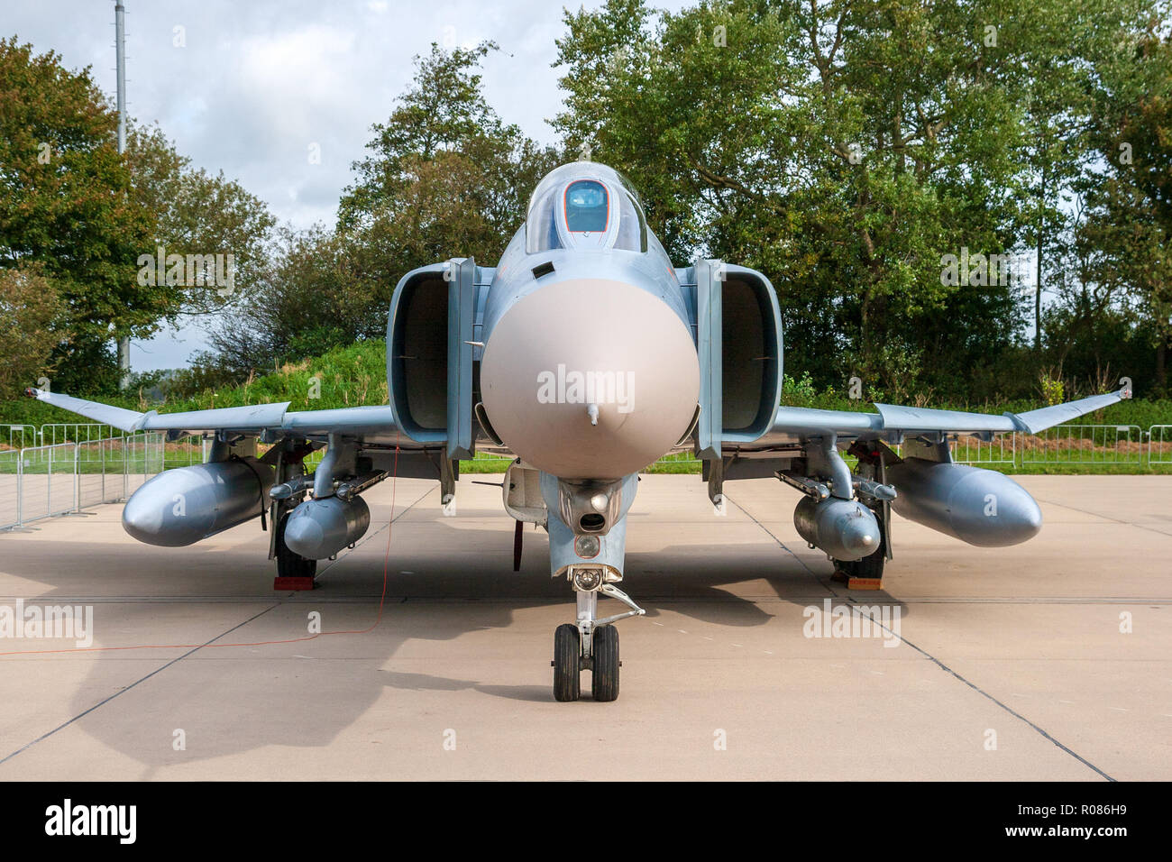 Front view of a Western bomber jet aircraft on the tarmac of an airbase ...