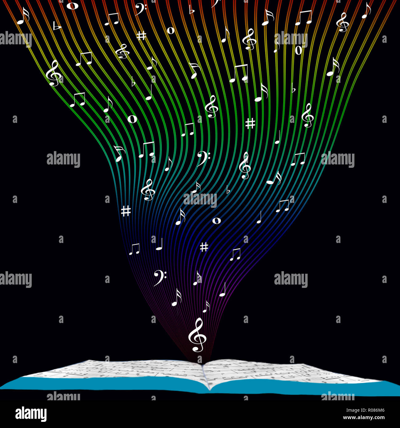Graphic illustration of music notes floating out of music song book ...