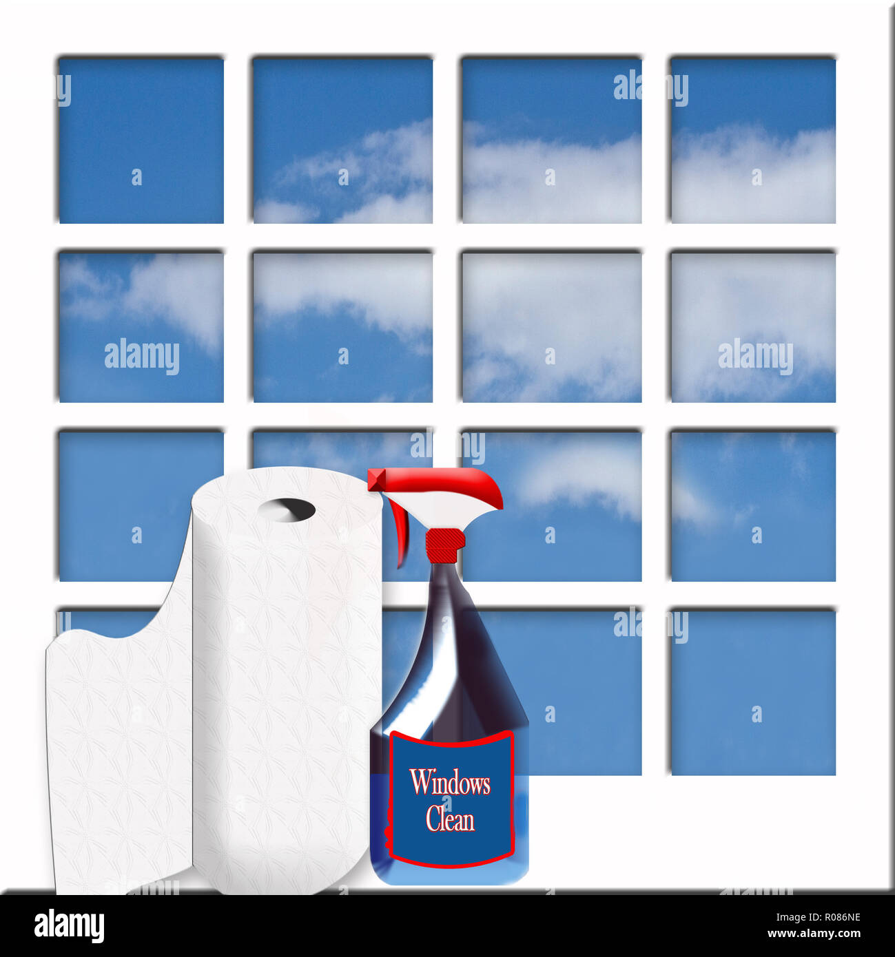 Illustration of cleaning products for window washing in front of window ...