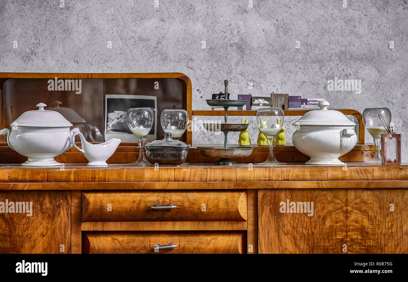 Interior of a home furnished with vintage objects and furniture: Still ...