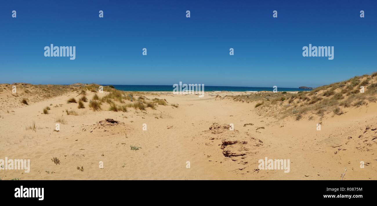 Panorama image of sand dunes and sea on the island of sardinia italy in ...