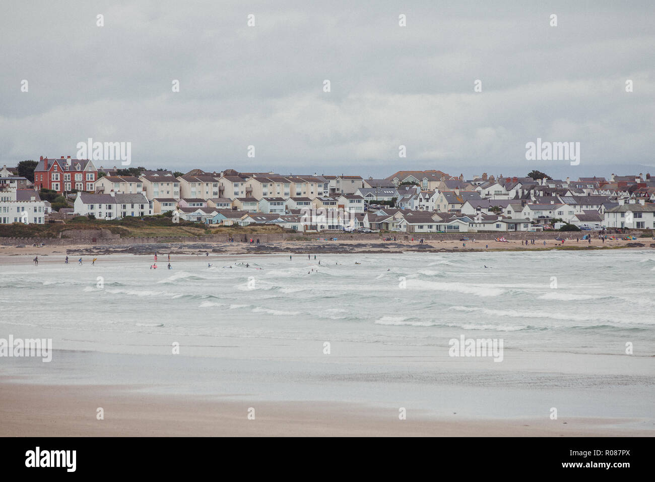 Looking across Cymyran beach towards Rhosneigr town, Anglesey, North ...