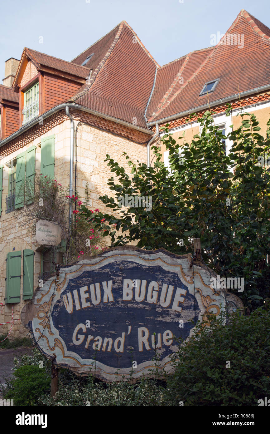 Sign marking tGrand Rue of the old village of Le Bugue, Dordogne ...