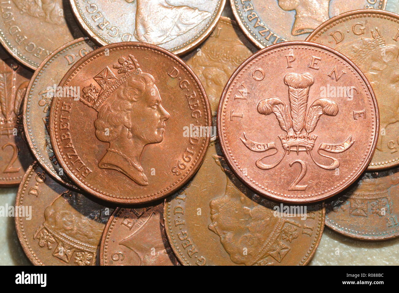 British 2 pence coins from the Royal Mint Stock Photo - Alamy