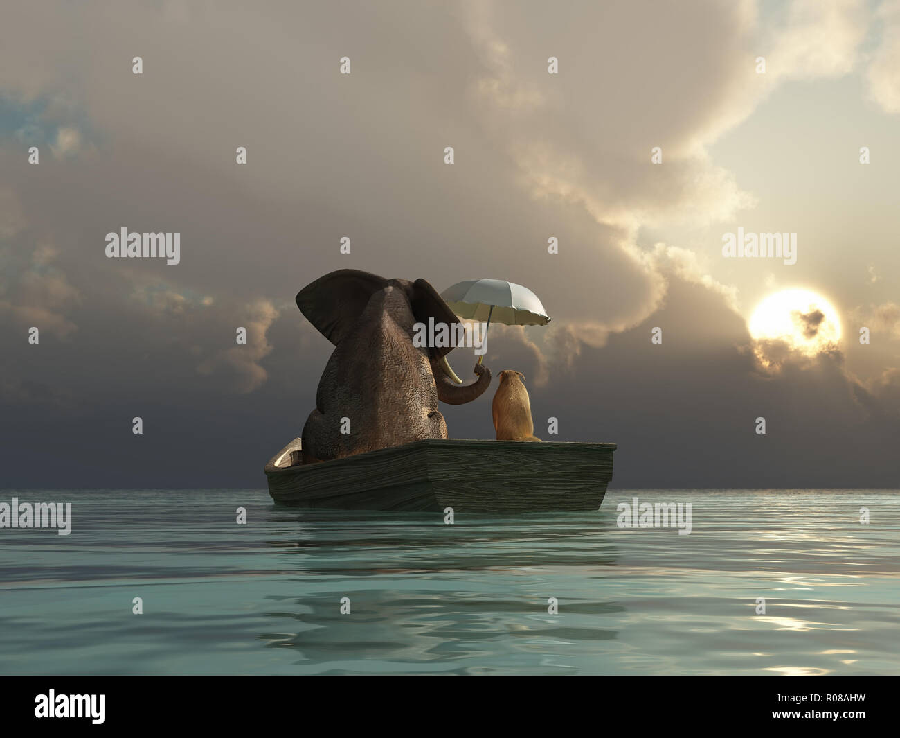 elephant and dog are floating in a boat Stock Photo - Alamy