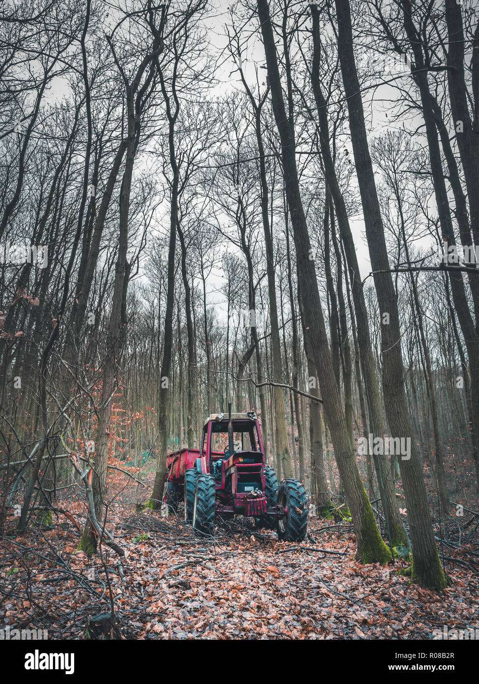 Tractor, abandoned in the forest, operating pollution Stock Photo - Alamy