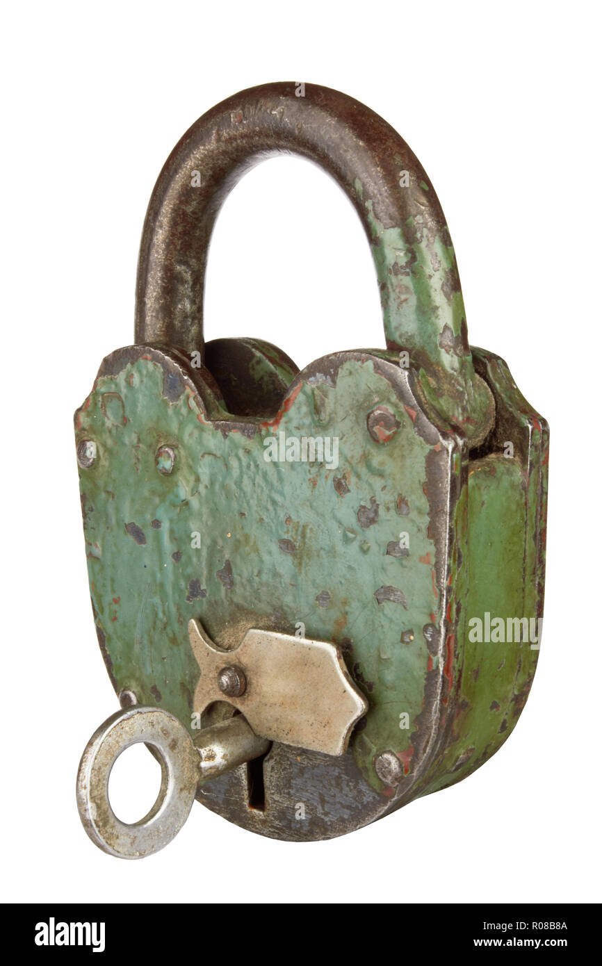 old padlock with key on a white background Stock Photo - Alamy