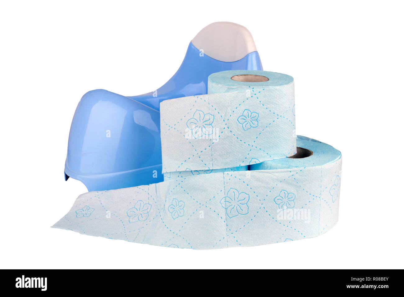 Blue potty with toilet paper isolated on a white Stock Photo - Alamy