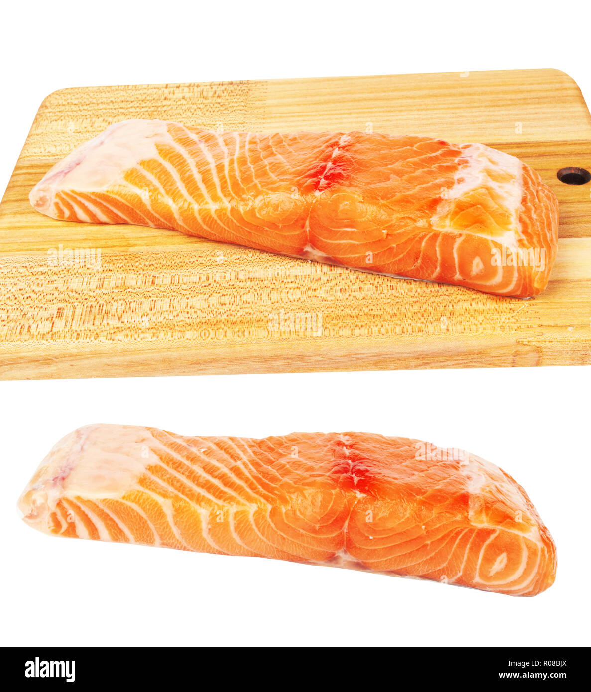 fresh raw salmon fish piece over wooden board isolated on white ...