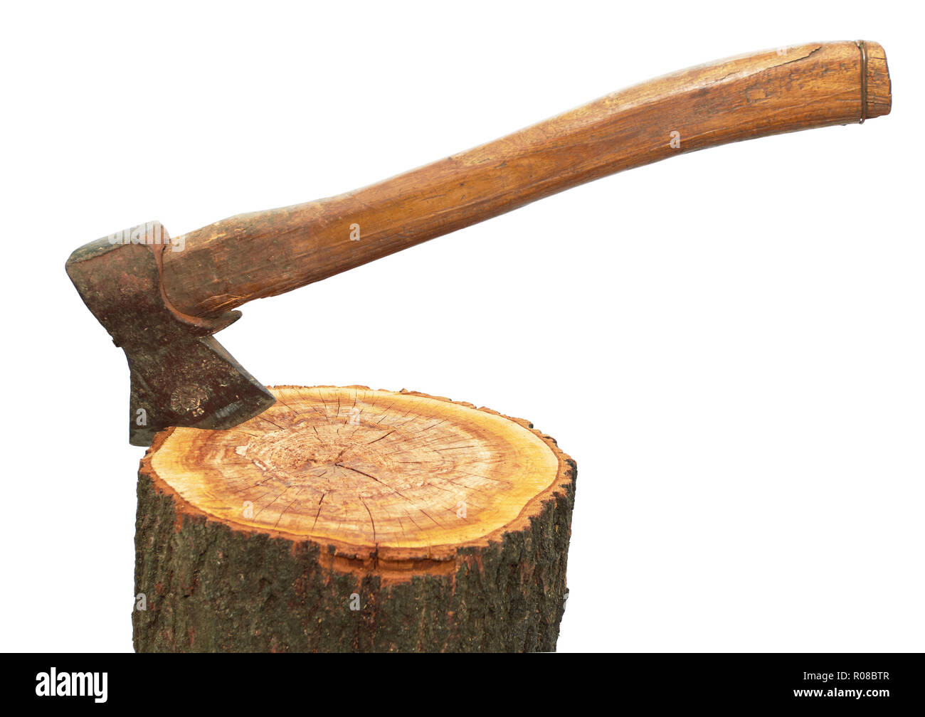 Axe and log isolated on white background Stock Photo - Alamy