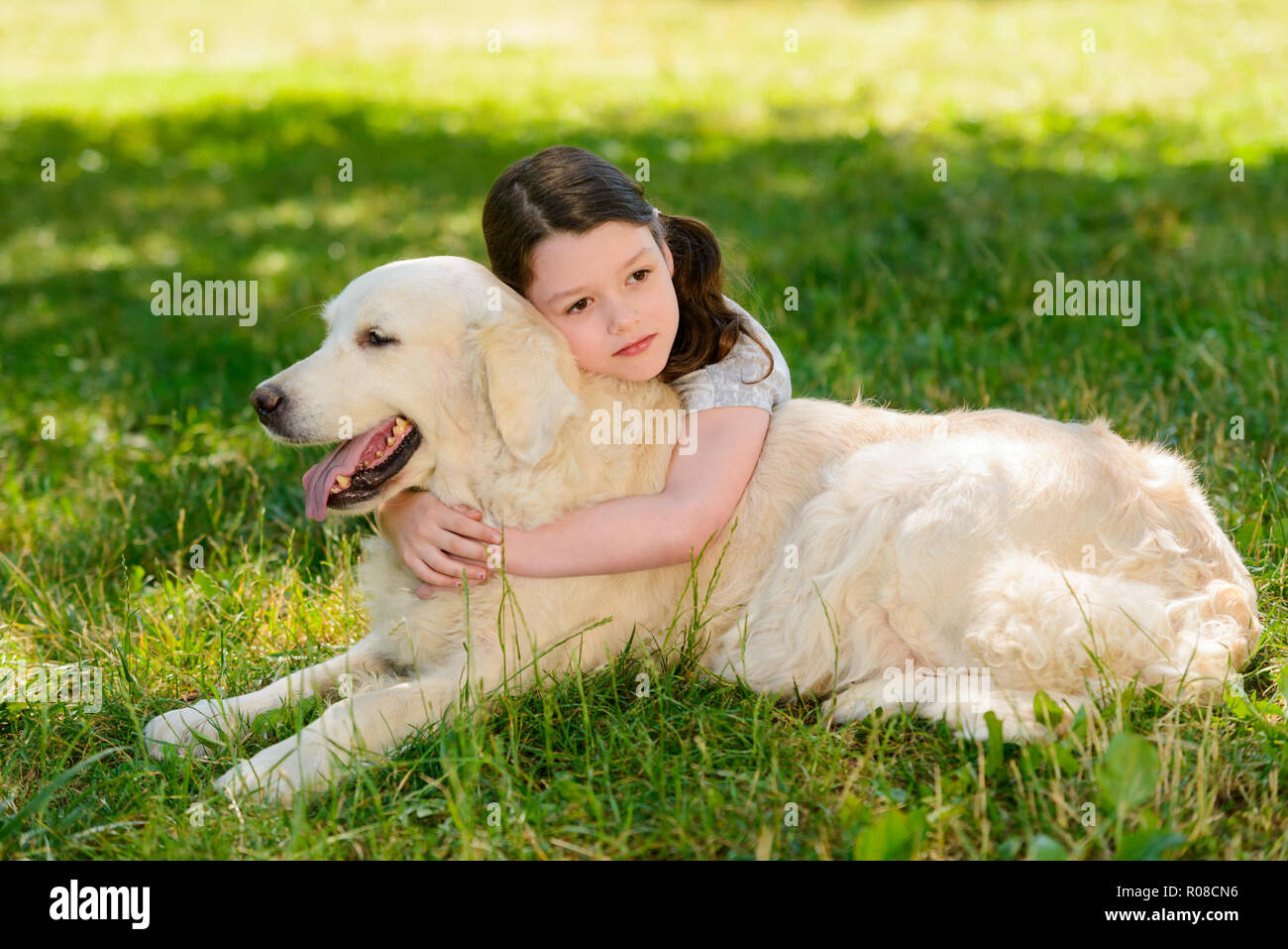 Thoughtful child hugs a dog Stock Photo - Alamy
