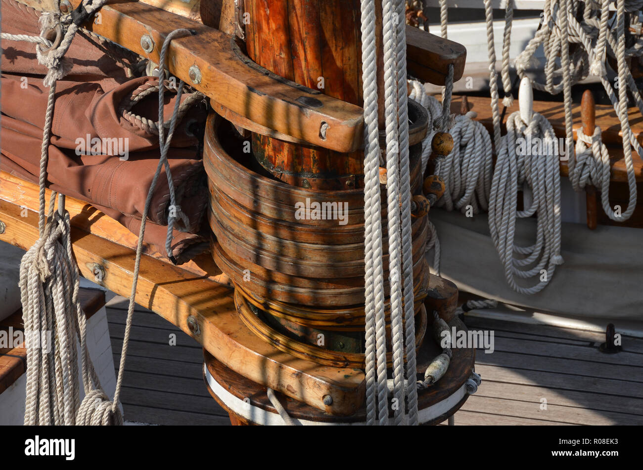 Detailed view of the rigging of a vintage sailing boat in the port of ...