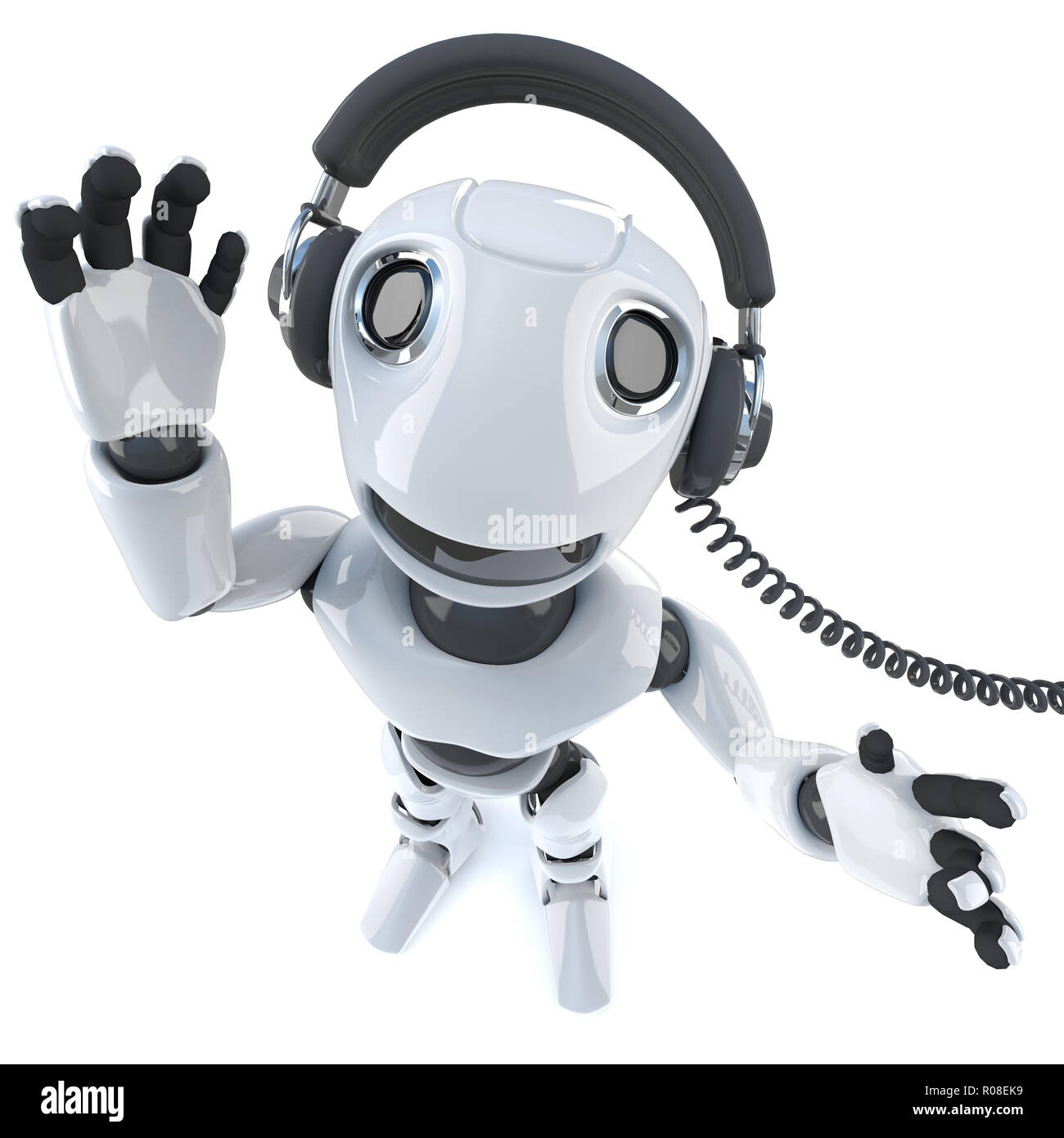 3d render of a funny cartoon robot character listening to some funky ...