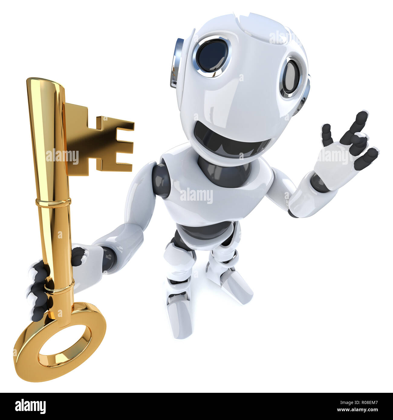 3d render of a funny cartoon robot character holding a gold key Stock ...