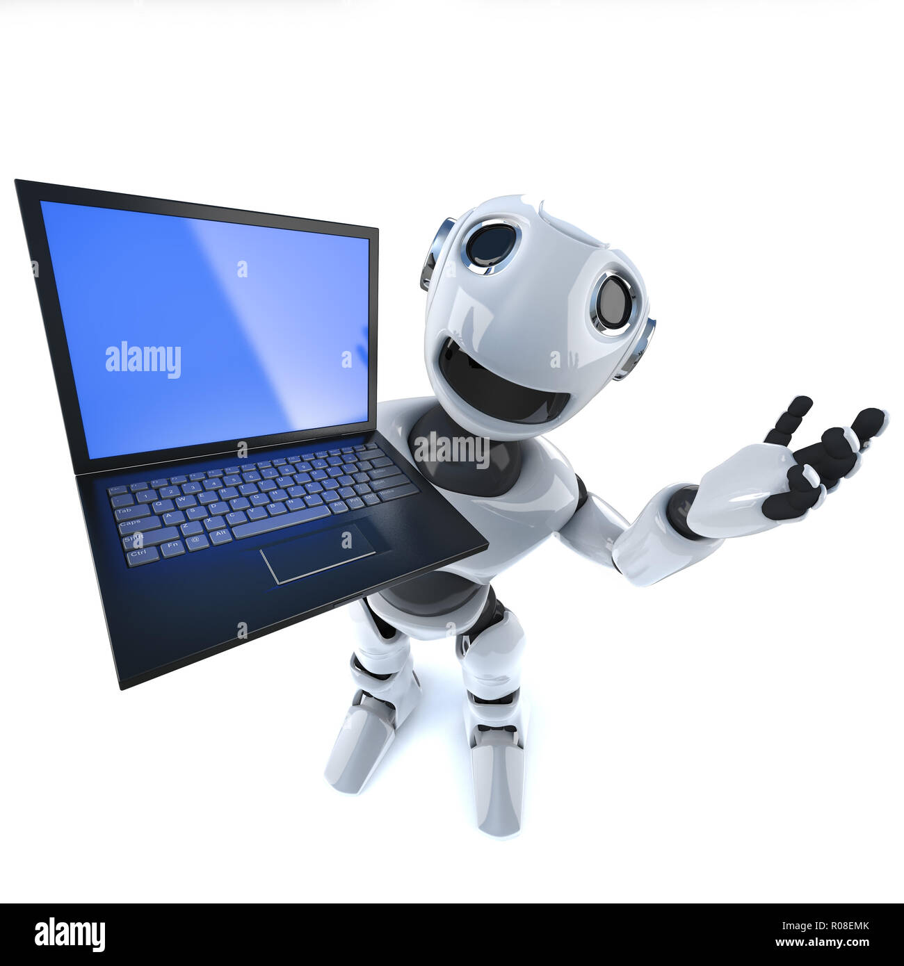 3d render of a funny cartoon robot character holding a laptop pc ...