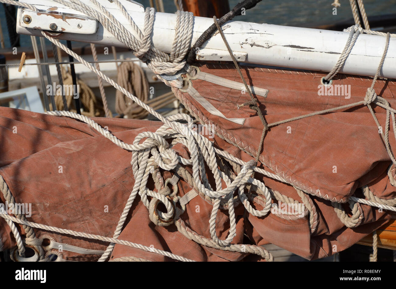 Detailed view of the rigging of a vintage sailing boat in the port of ...