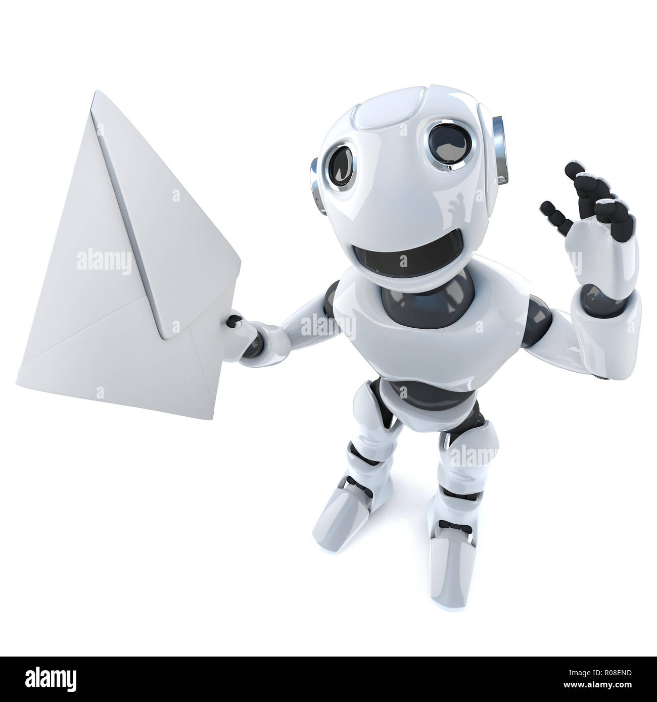 3d render of a funny cartoon robot character holding an email message ...