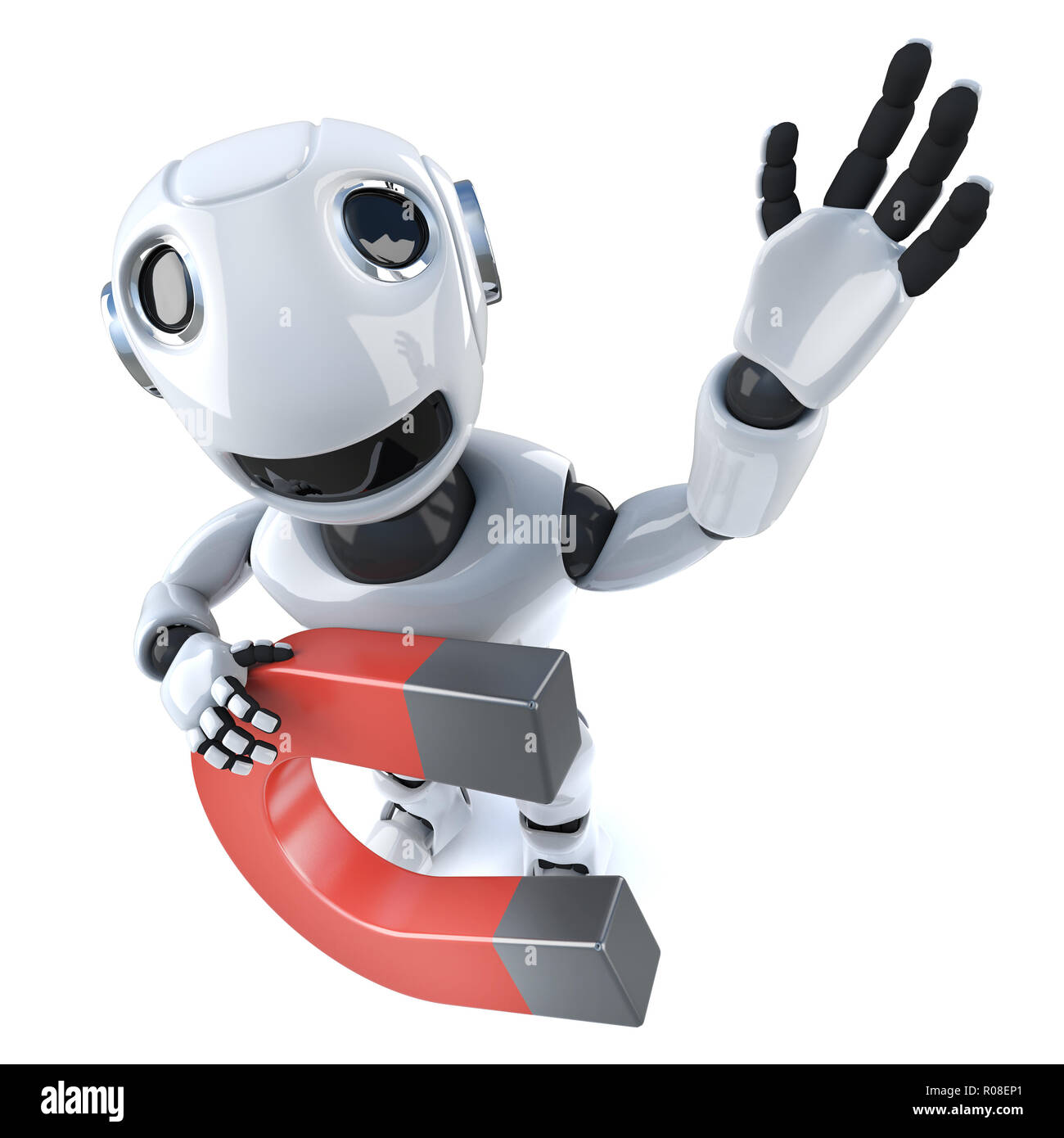 3d render of a funny cartoon robot character holding a magnet Stock ...