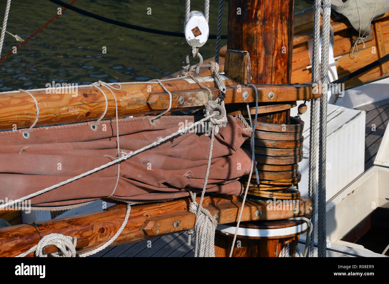 Detailed view of the rigging of a vintage sailing boat in the port of ...