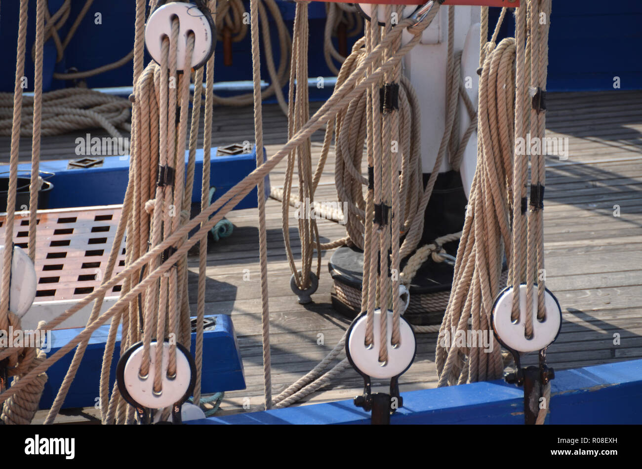 Detailed view of the rigging of a vintage sailing boat in the port of ...