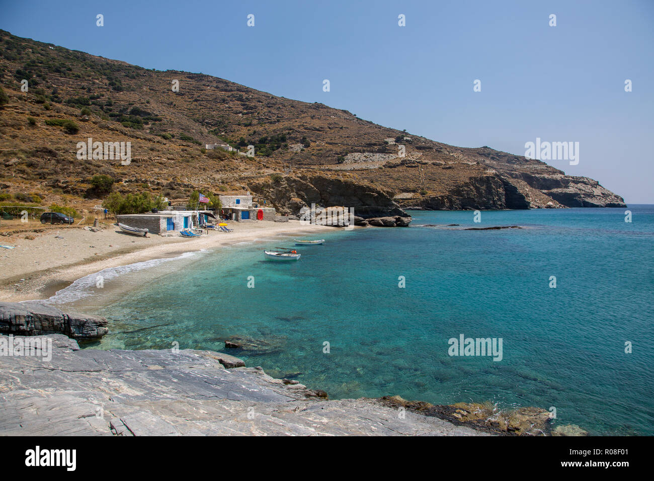 Plaka beach in Andros Stock Photo - Alamy