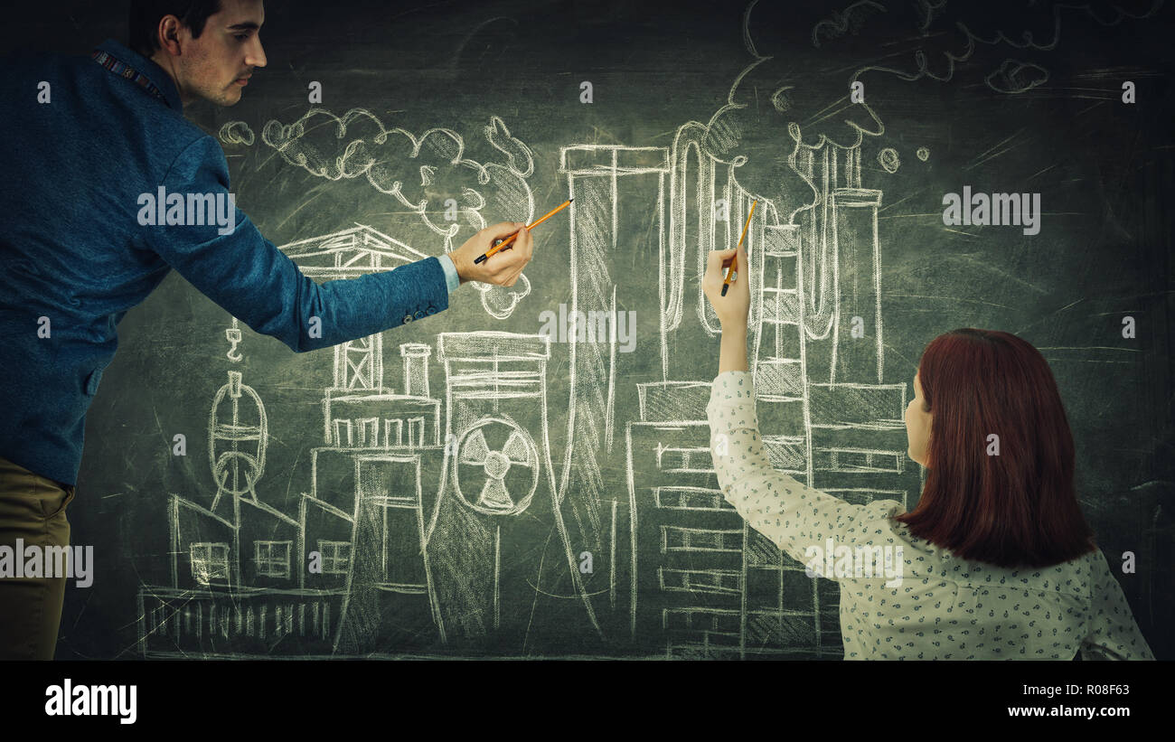 Man and woman sharing thoughts together drawing toxic factory on ...