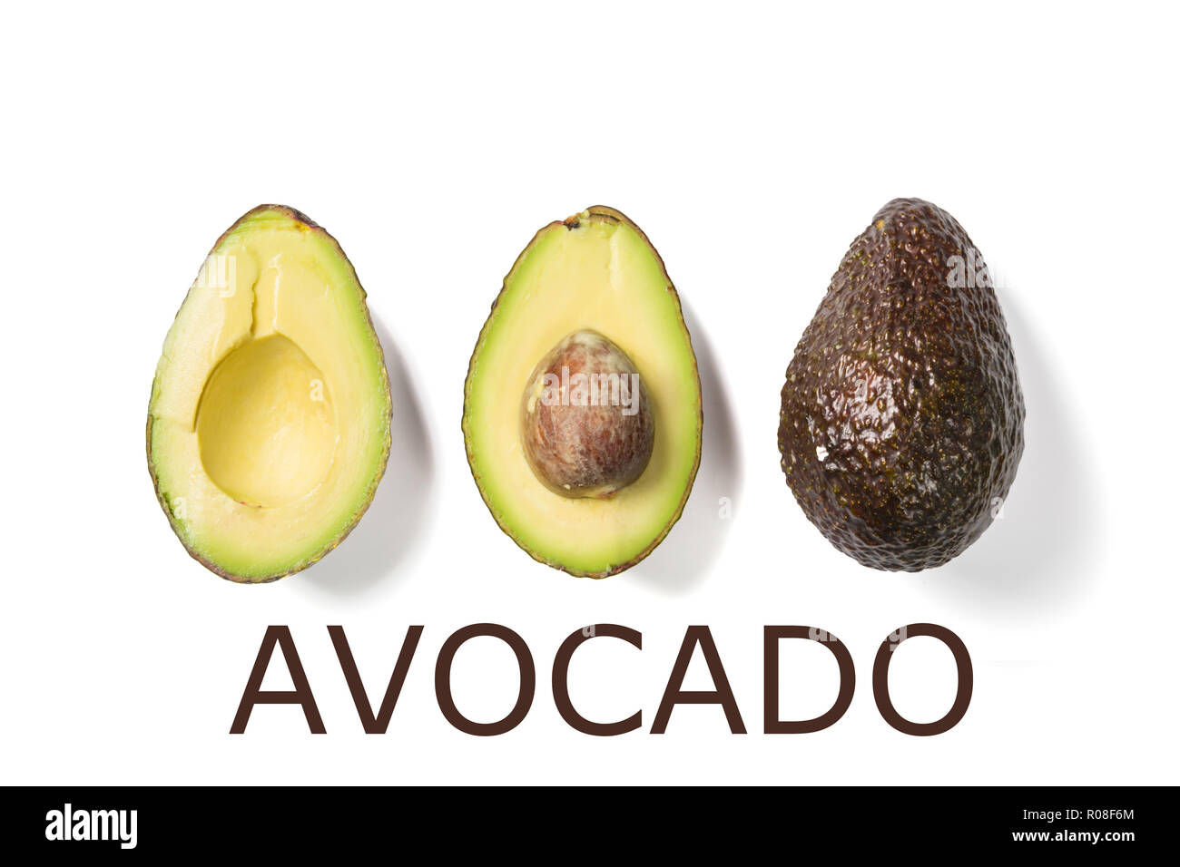 Slices of avocado on white background. Whole and half with leaves ...