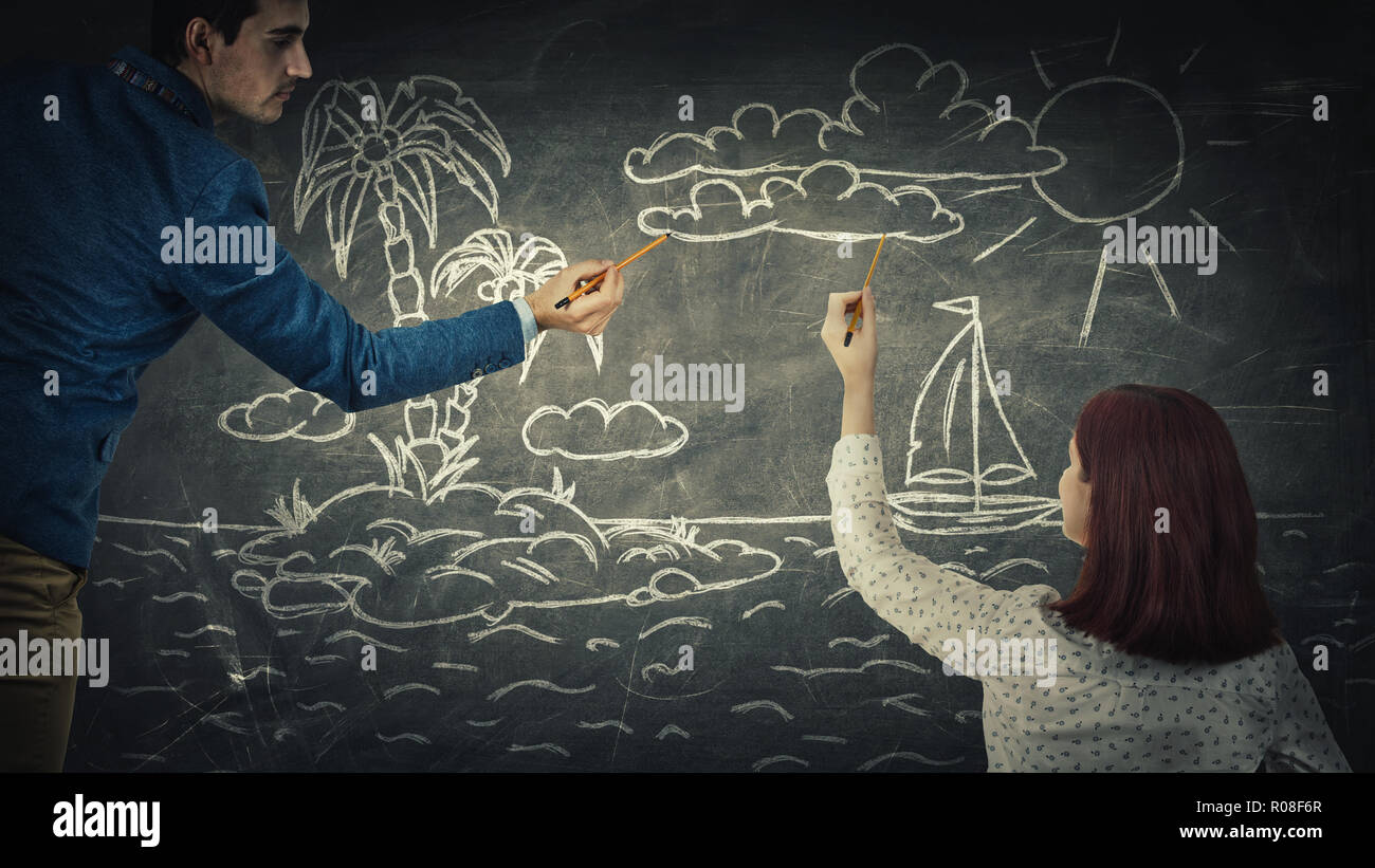Man and woman sharing thoughts together drawing an exotic island and ...