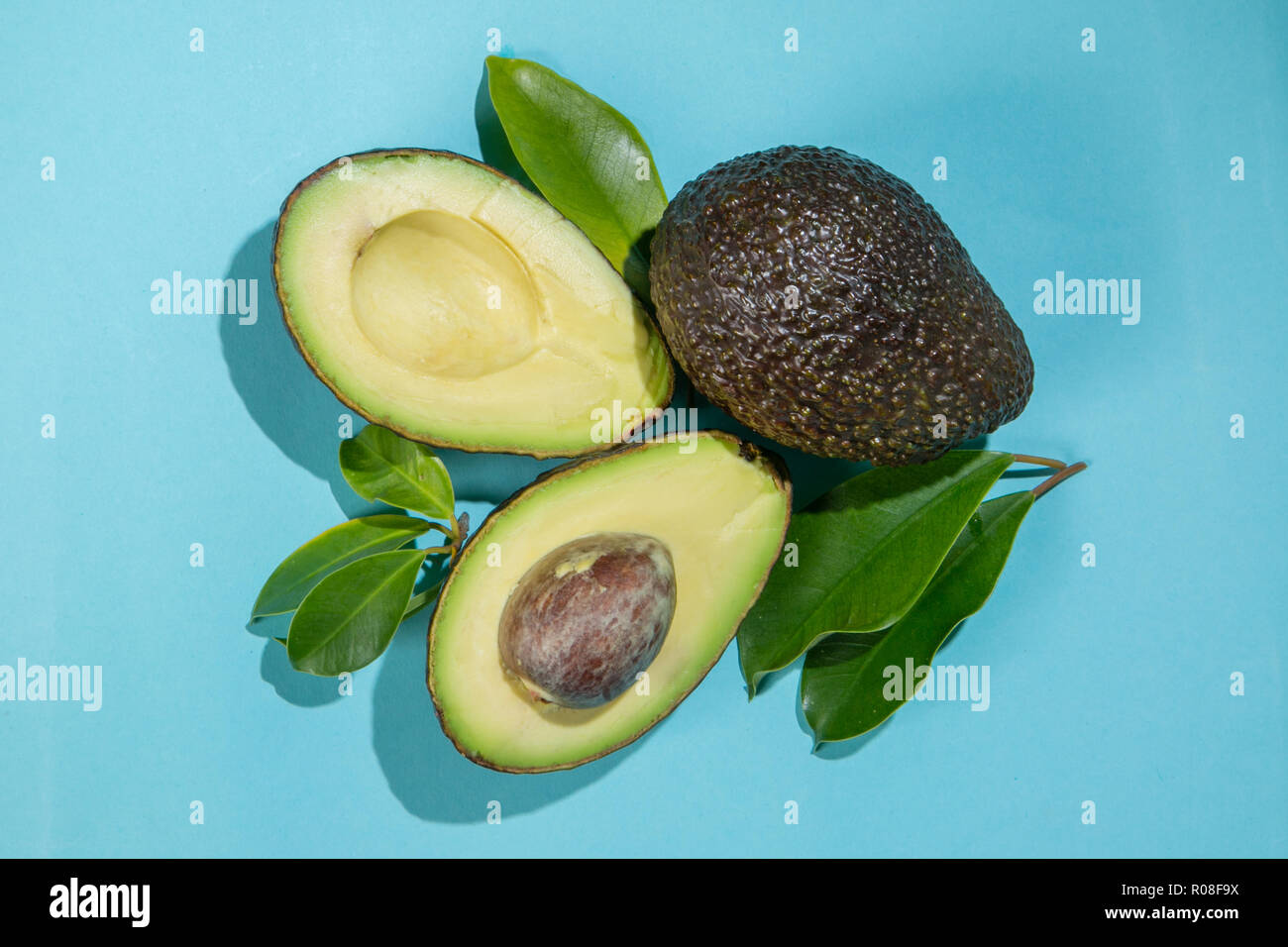 Slices of avocado on white background. Whole and half with leaves ...