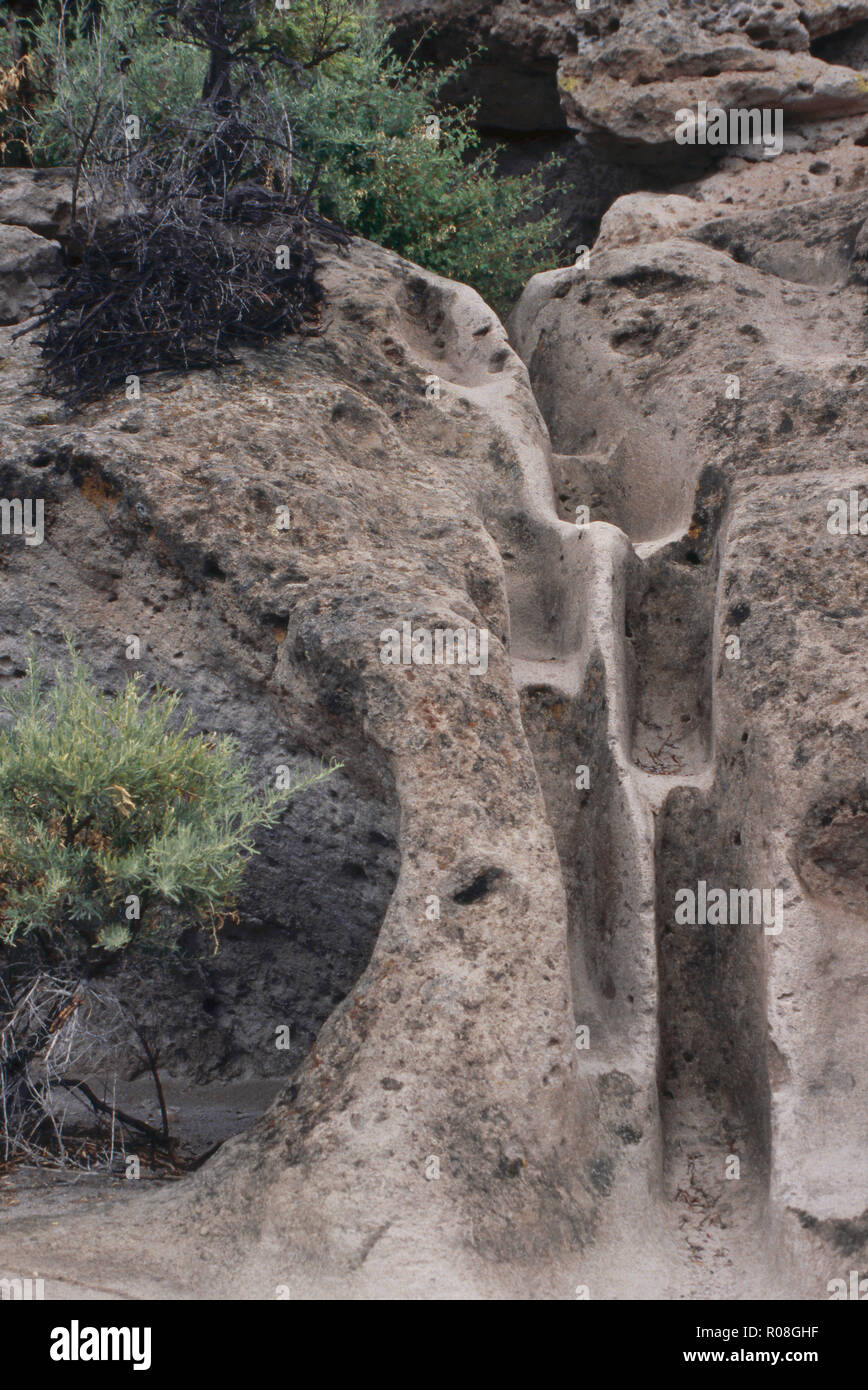 Prehistoric Native American footpath worn into rock, Tsankawi cliff ...