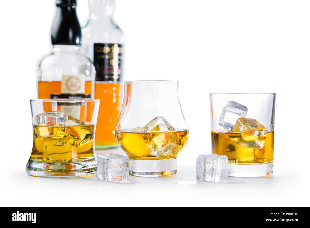 Strong alcohol drinks - whiskey, bourbon, scotch on white background ...