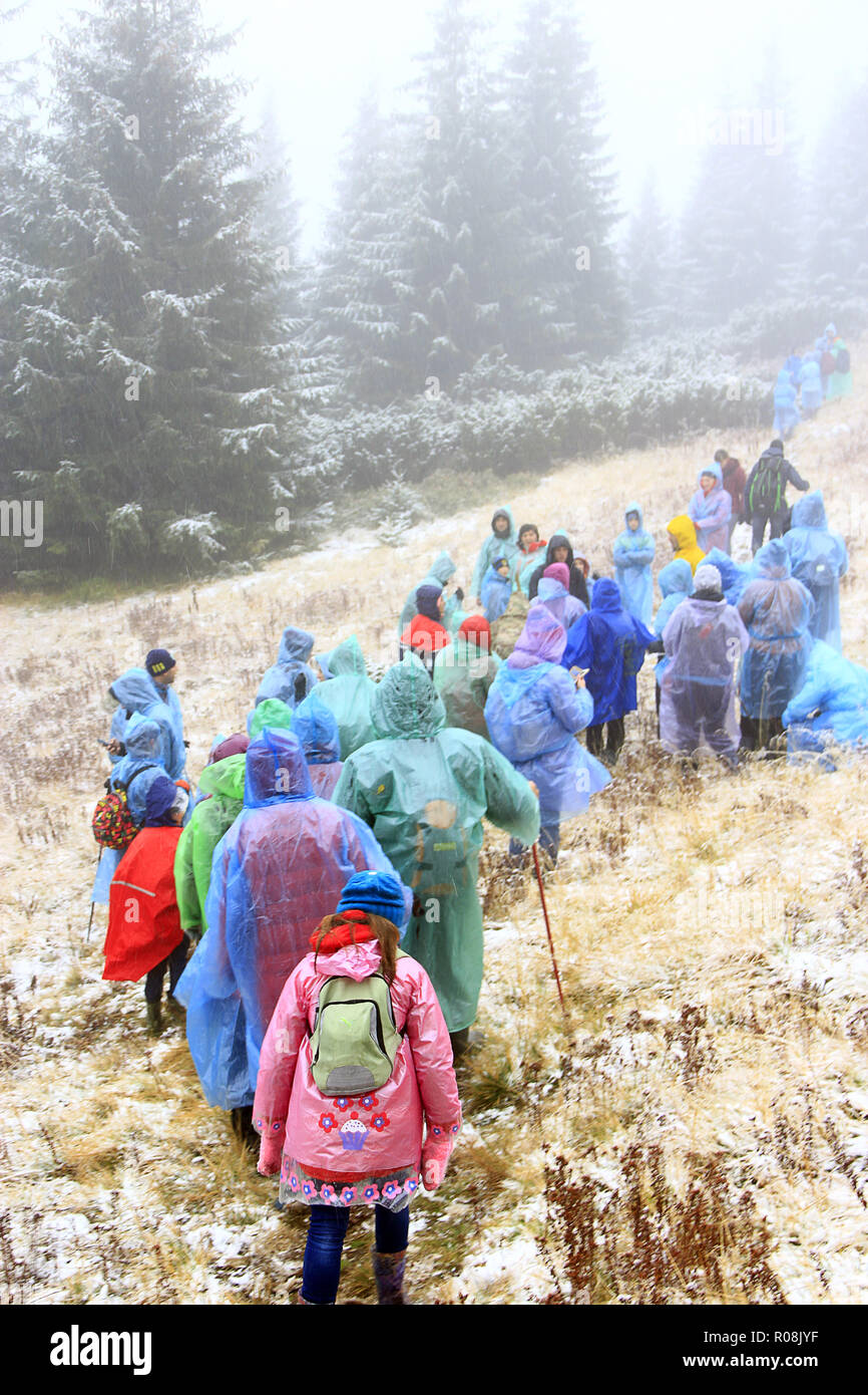 Group of tourists in raincoats on hike in mountains. Travel concept ...