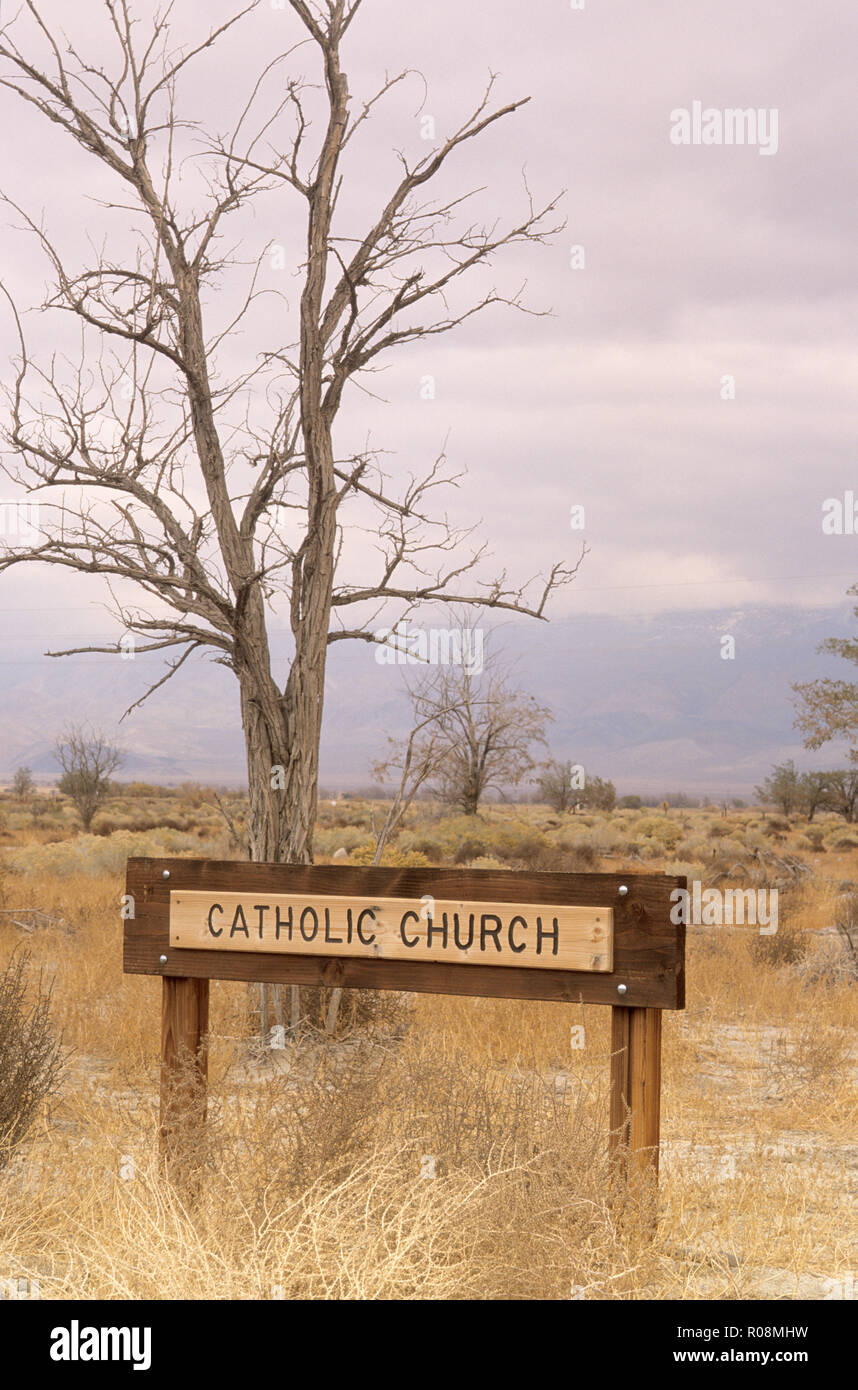 Catholic church sign at Manzanar National Historic Site, Owens Valley ...