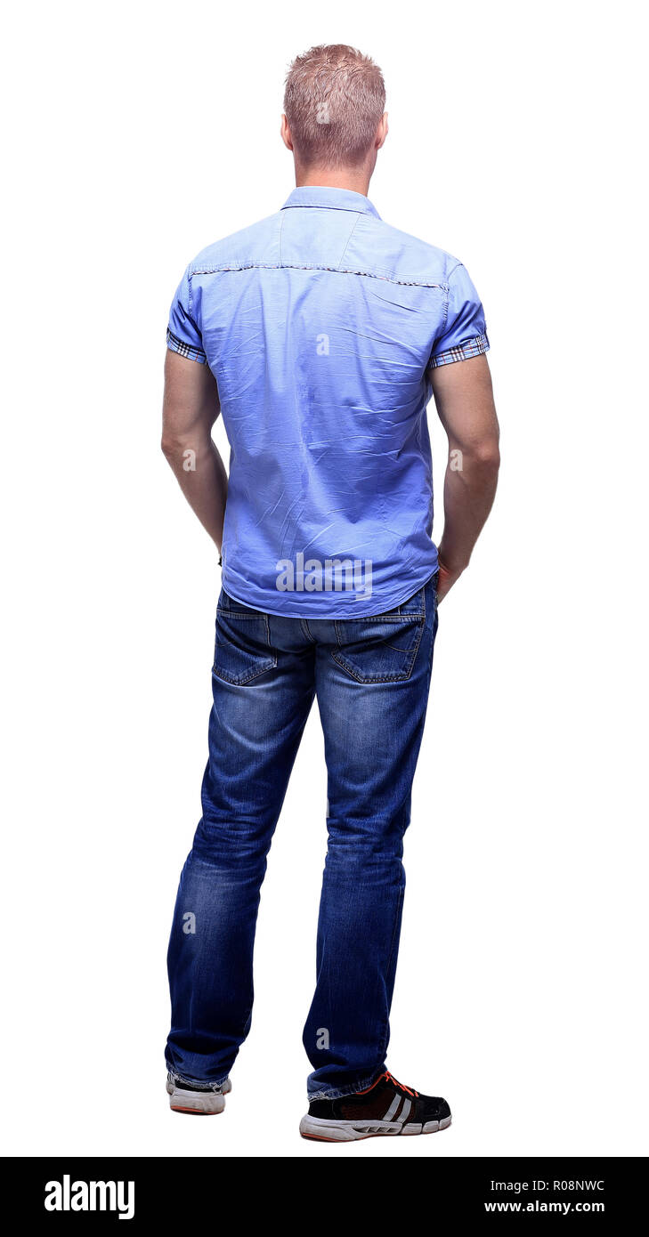 Back view of a young casual man standing isolated on white Stock Photo ...