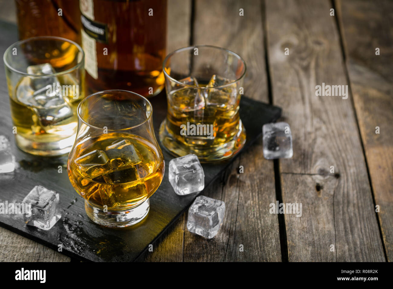 Different types of strong alcohol - bourbon, whiskey, scotch and cognac ...