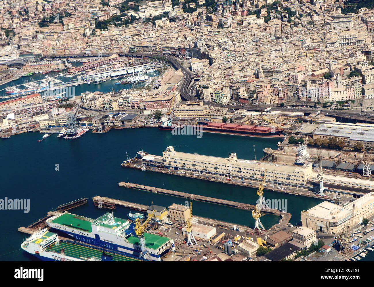 GENOA, ITALY - AUGUST 27, 2018 Italy, aerial view of Genoa harbor the ...