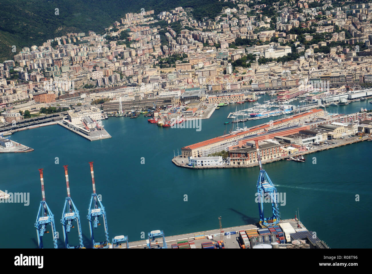 GENOA, ITALY - AUGUST 27, 2018 Italy, aerial view of Genoa harbor the ...